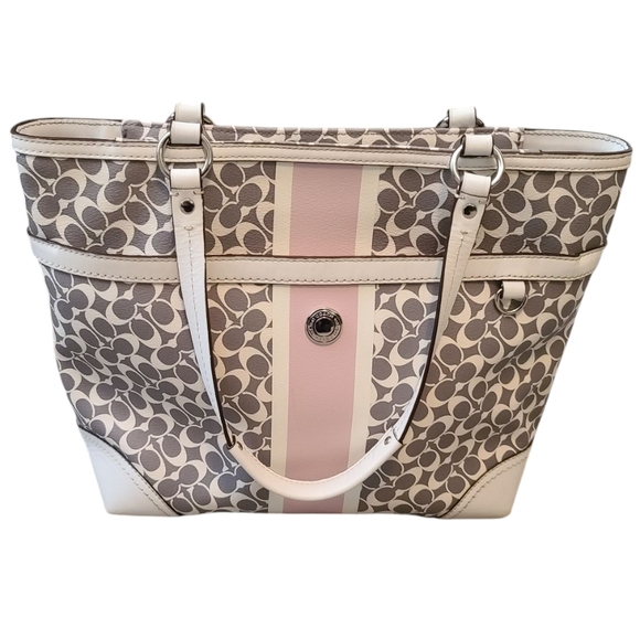 Coach | Bags | Coach F5137 Off White And Grey Heritage Signature Stripe ...